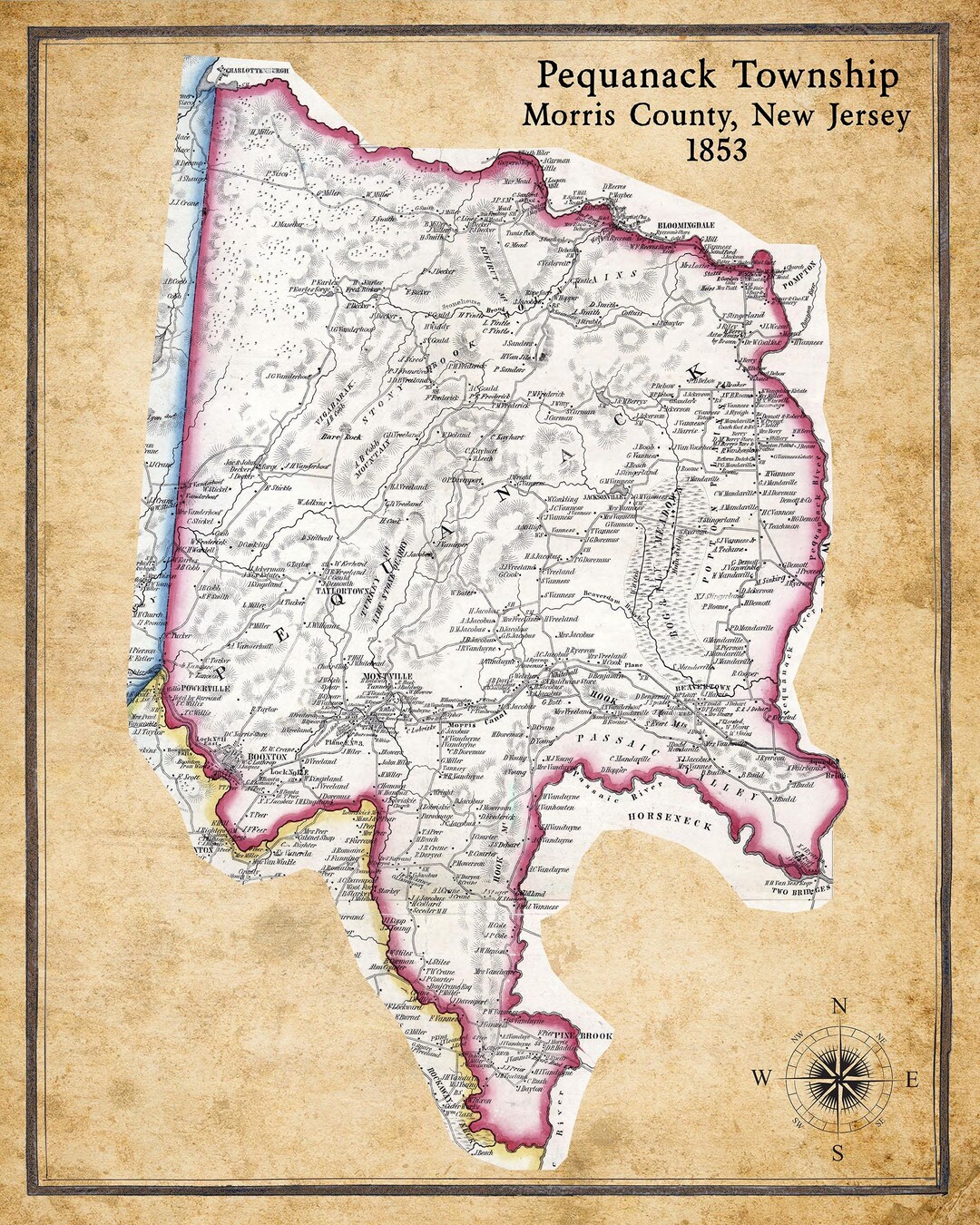 1853 Map of Pequanack Township Morris County New Jersey - Etsy