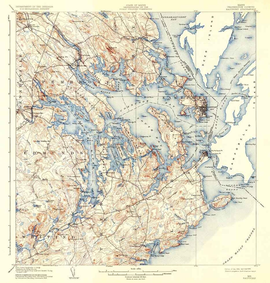 1908 Topo Map of Eastport Maine - Etsy