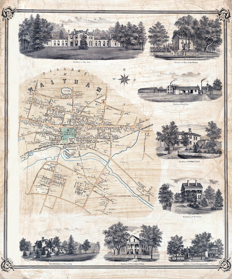 1854 Town Map of Waltham Middlesex County Massachusetts - Etsy