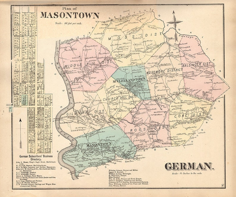 1872 Map of German Township Fayette County PA Masontown - Etsy