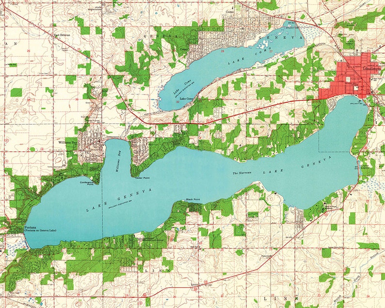 1960 Map of Lake Geneva Wisconsin and Lake Como - Etsy
