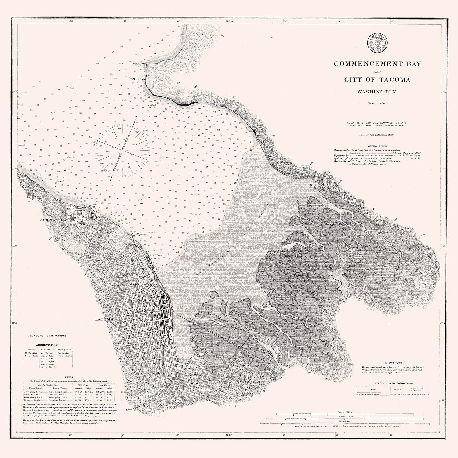 1888 Nautical Chart of Commencement Bay and City of Tacoma Washington ...