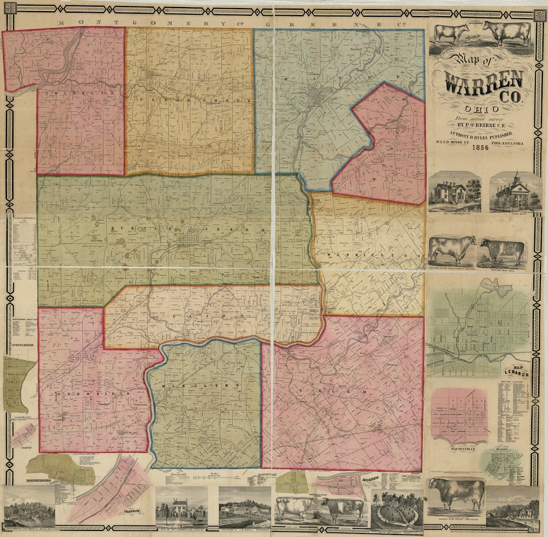 1856 Farm Line Map of Warren County Ohio Lebanon Waynesville - Etsy