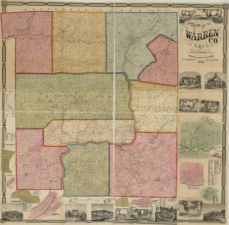 1856 Farm Line Map of Warren County Ohio Lebanon Waynesville - Etsy