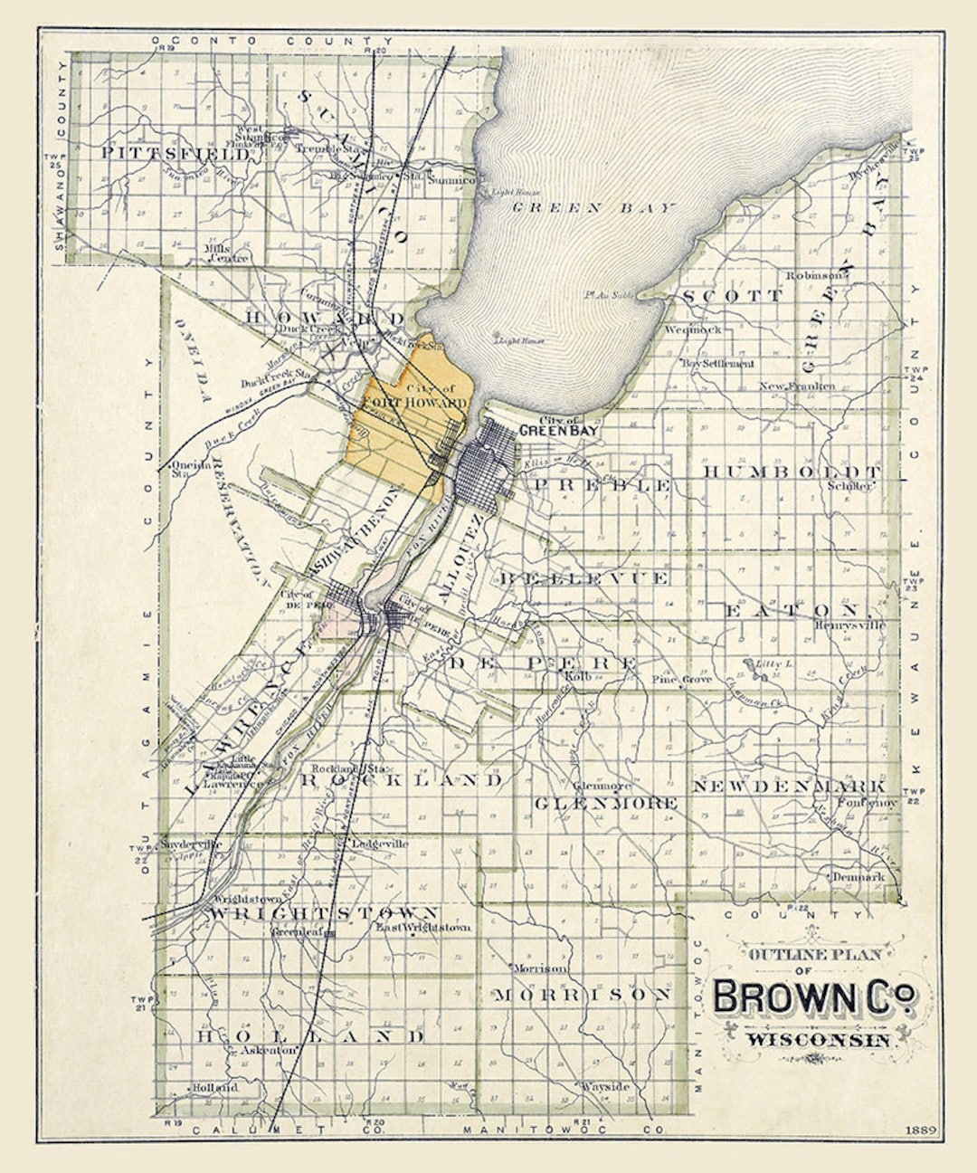 1889 Map of Brown County Wisconsin - Etsy