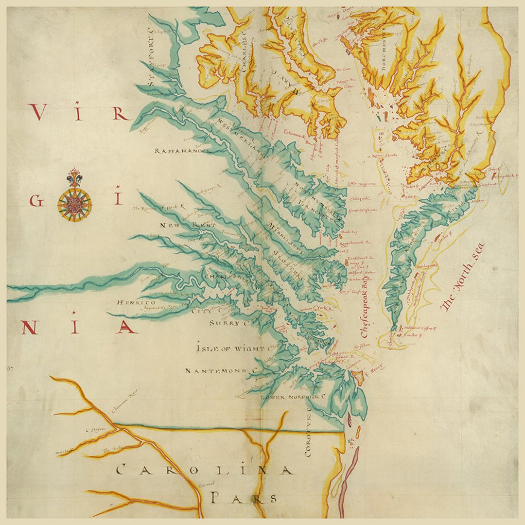 1677 Map of Virginia and the Chesapeake Bay - Etsy