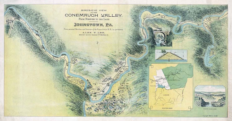 1889 Map of Johnstown Pennsylvania Conemaugh Valley Nineveh to the Lake ...