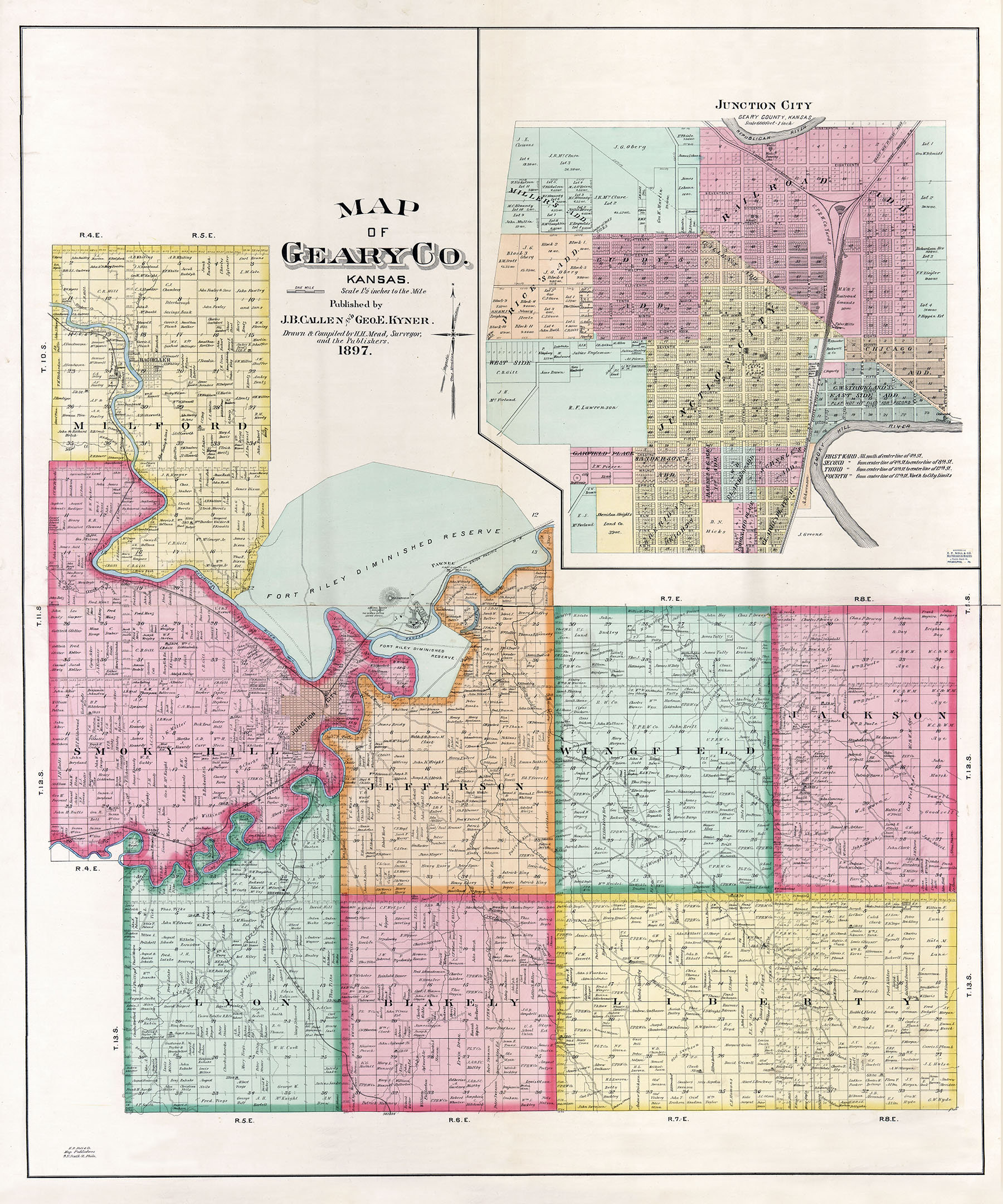 Mapa Del Estado De Junction Kansas Con Ríos Y Lagos Y Los Mejores