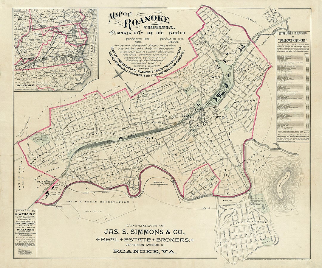 1890 Map of Roanoke Virginia - Etsy