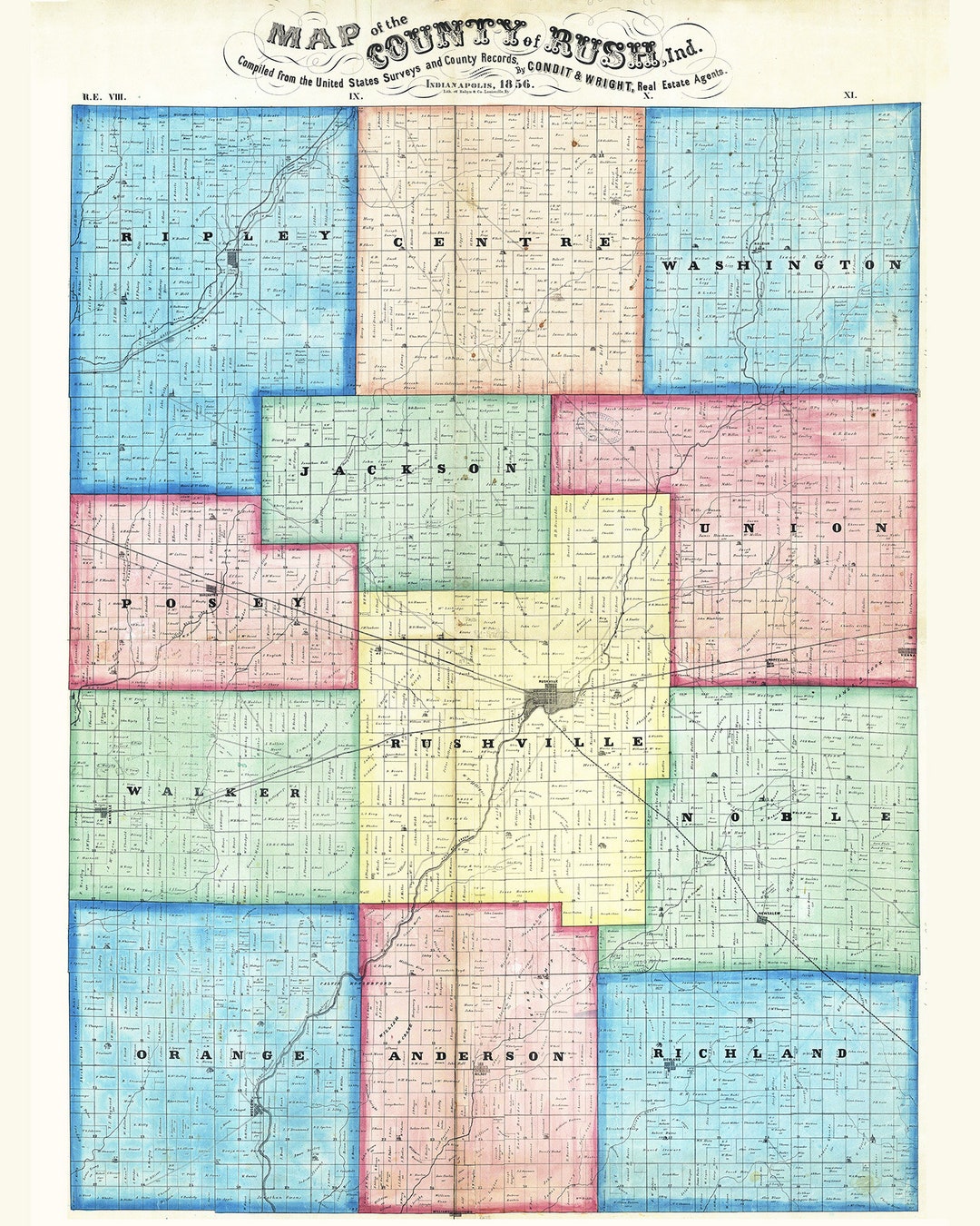 1856 Farm Line Map of Rush County Indiana - Etsy