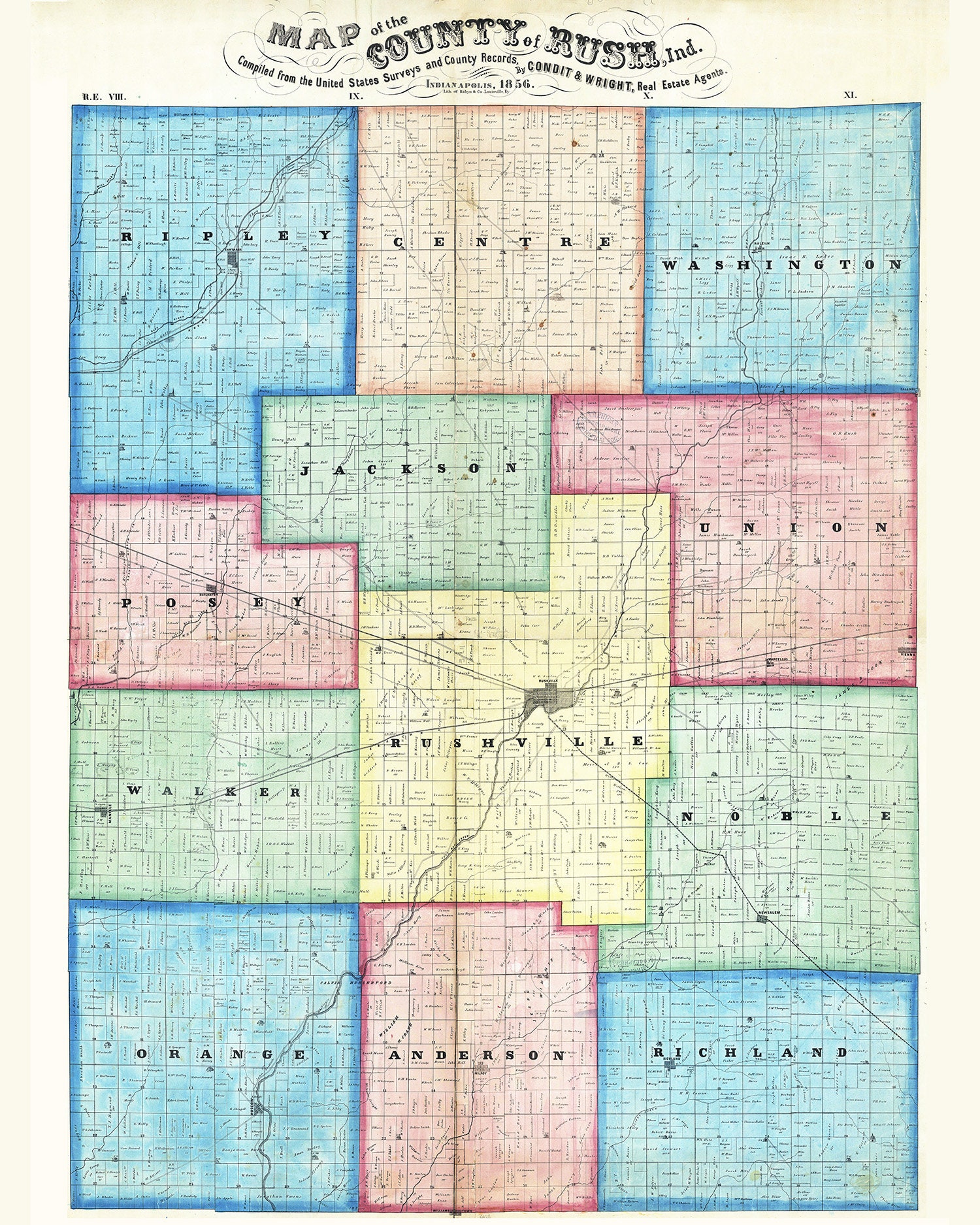 1856 Farm Line Map of Rush County Indiana - Etsy