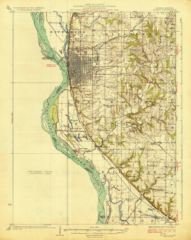 1925 Topo Map of Quincy Illinois Mississippi River - Etsy