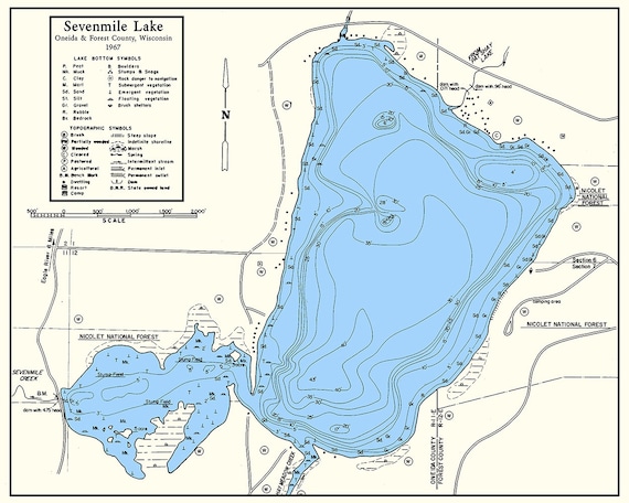 1967 Map of Sevenmile Lake Oneida and Forest County Wisconsin - Etsy