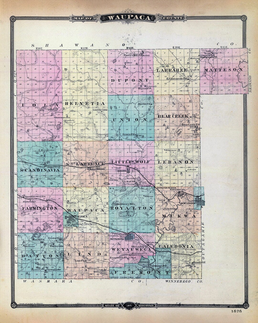 1878 Map of Waupaca County Wisconsin - Etsy