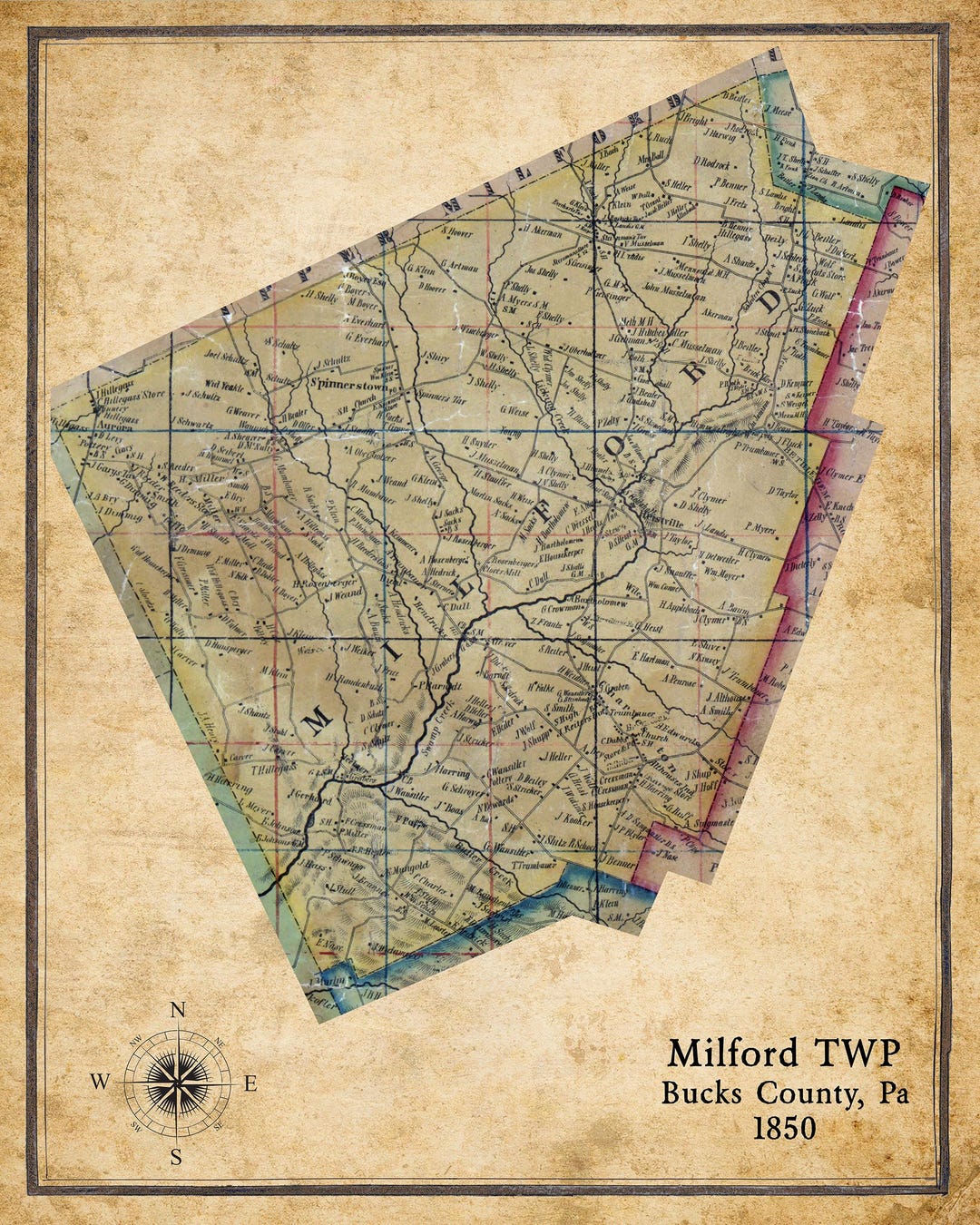 1850 Map of Milford Township Bucks County Pennsylvania - Etsy