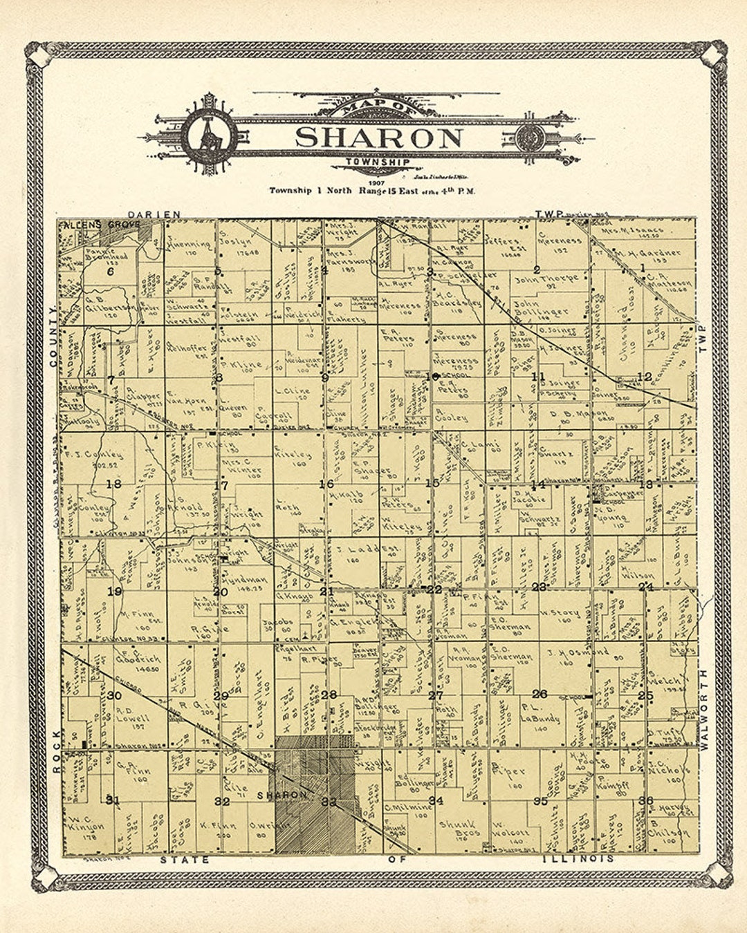 1907 Map of Sharon Township Walworth County Wisconsin - Etsy