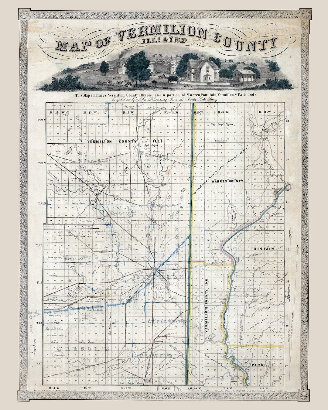 1850 Map of Vermillion County Illinois and Neighboring Indiana Counties - Etsy