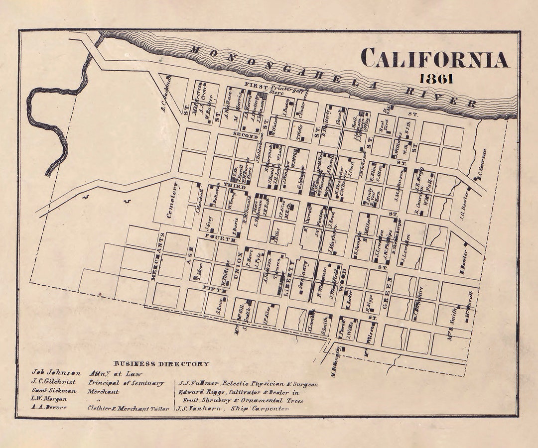 1861 Town Map of California Washington County Pennsylvania - Etsy