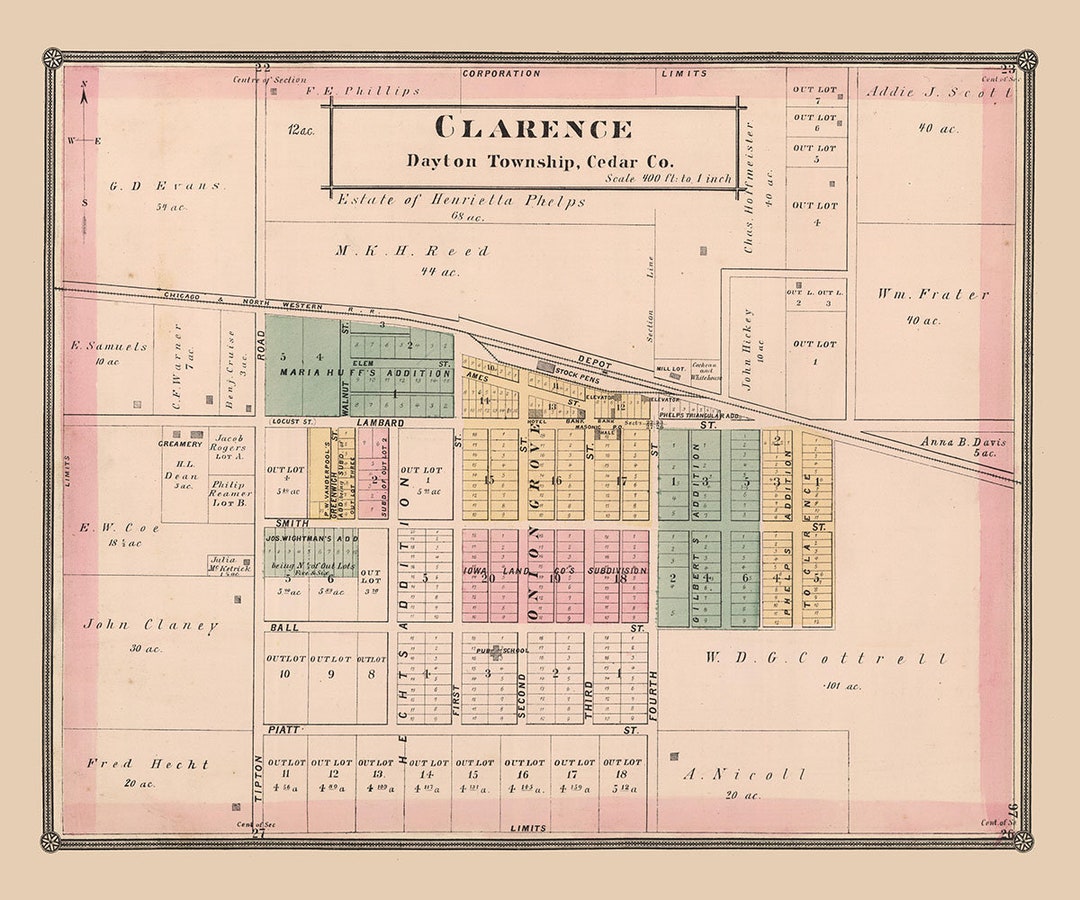 1885 Map of Clarence Cedar County Iowa - Etsy