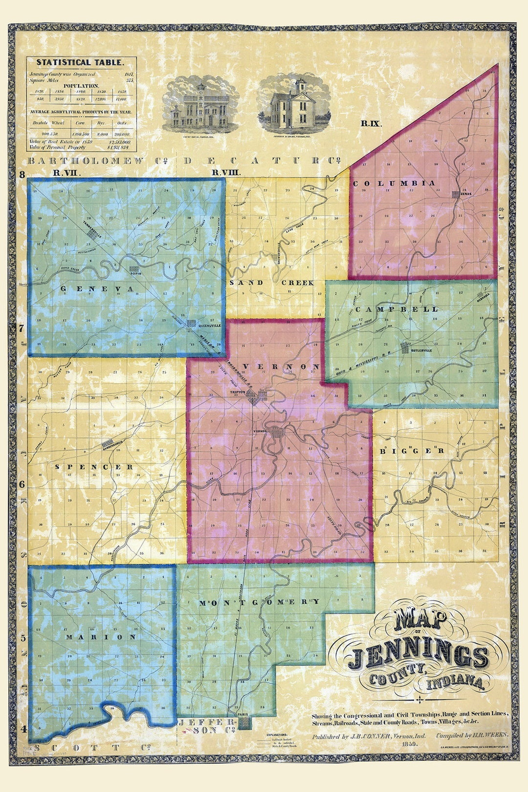 1859 Map of Jennings County Indiana - Etsy