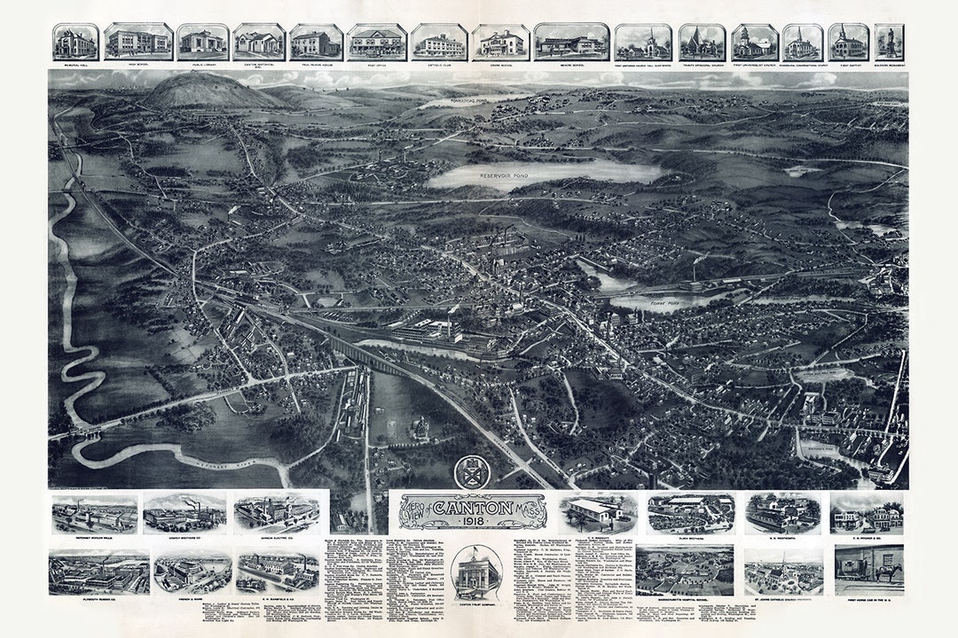 1918 Panoramic Map of Canton Massachusetts - Etsy