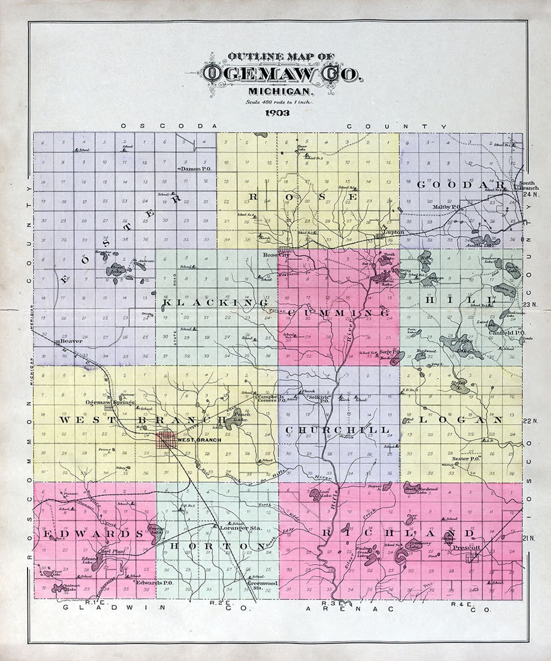 1903 Map of Ogemaw County Michigan - Etsy