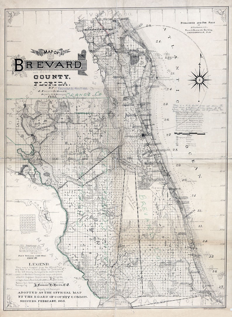 1893 Map of Brevard County Florida Cape Canaveral - Etsy