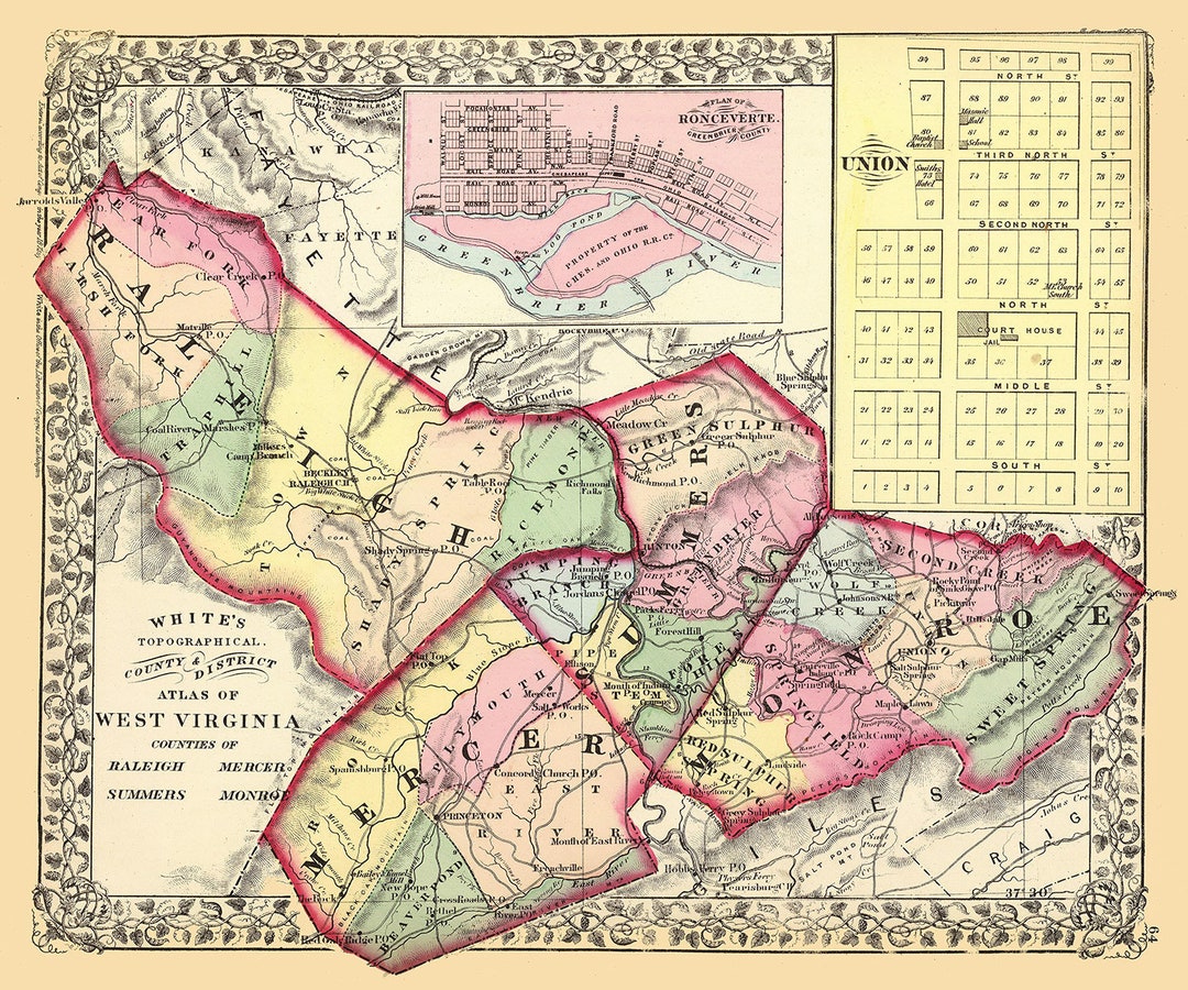 1873 Map of Raleigh Mercer Summers and Monroe County West Virginia - Etsy