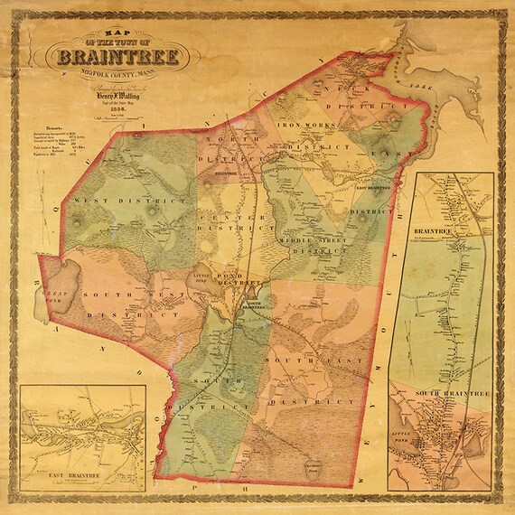 1856 Carte de Braintree Norfolk County Massachusetts - Etsy France