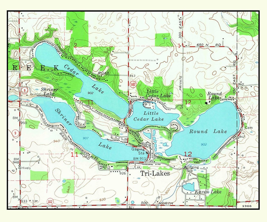 1966 Map of Tri-lakes Indiana Cedar Lake Round Lake and Shriner Lake - Etsy
