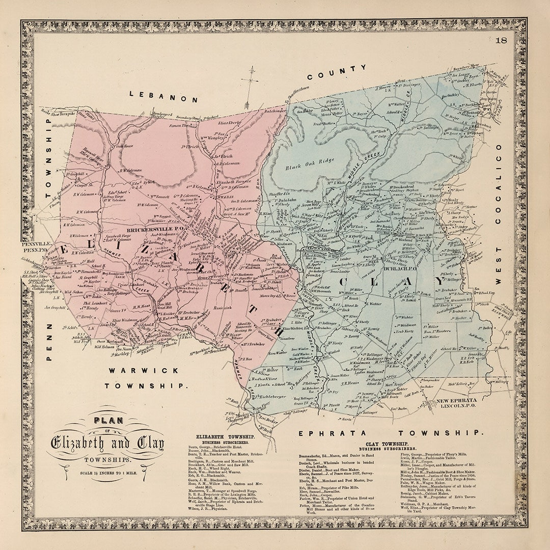 1864 Map of Elizabeth and Clay Township Lancaster County Pennsylvania ...