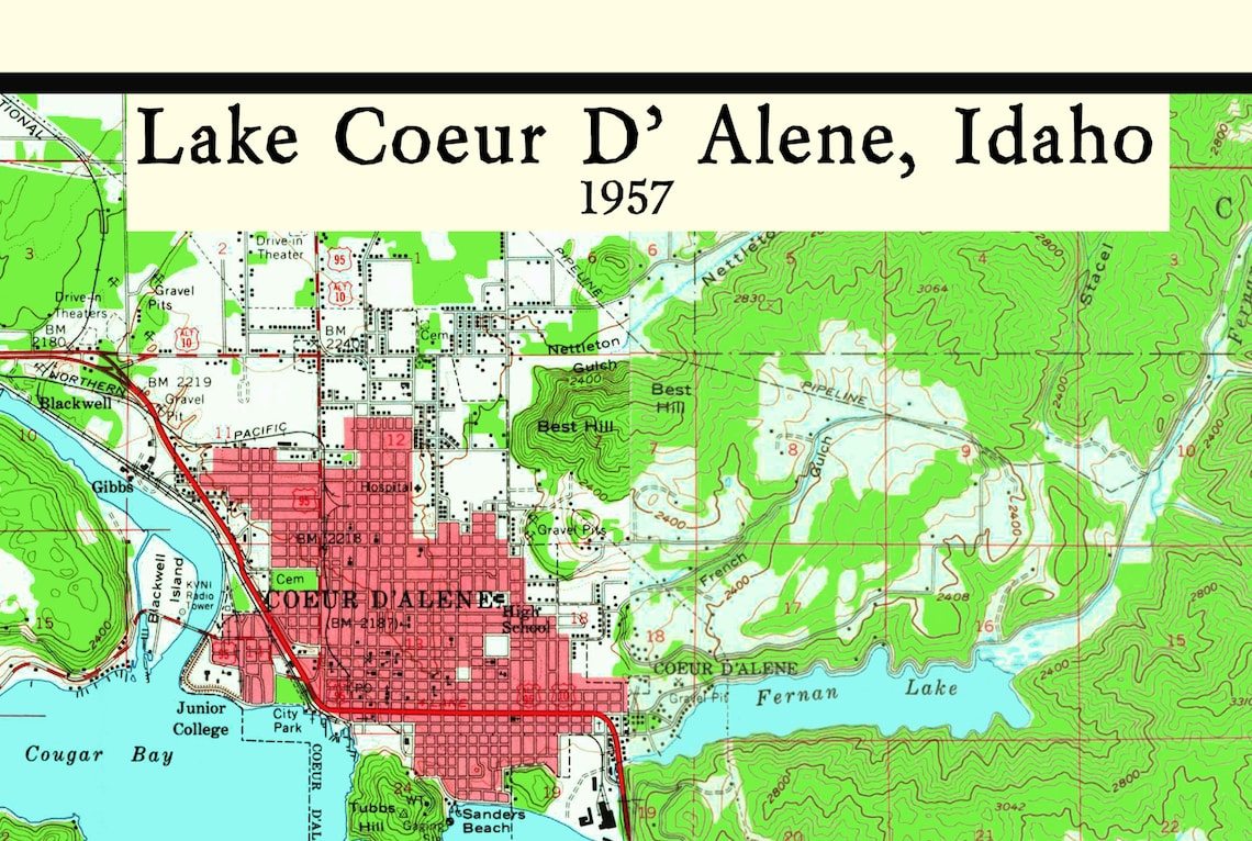 1957 Map of Lake Coeur D'alene Idaho - Etsy