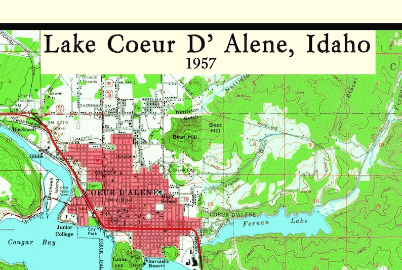 1957 Map of Lake Coeur D'alene Idaho - Etsy