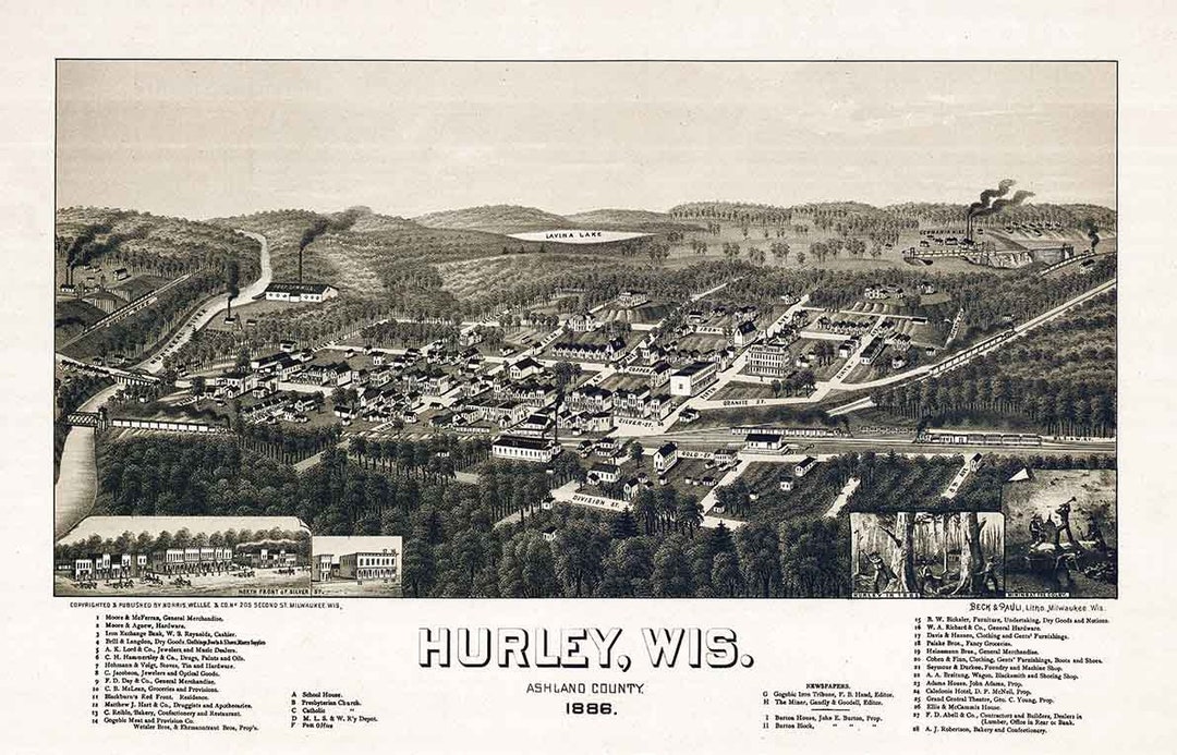 1886 Panoramic Map of Hurley Wisconsin Ashland County - Etsy