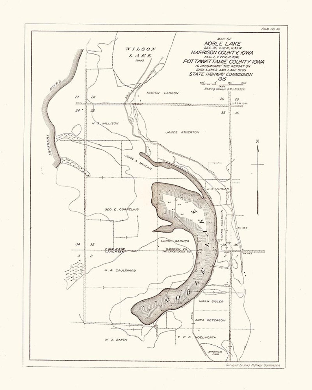 1916 Map of Noble Lake Harrison County and Pottawattamie County Iowa - Etsy