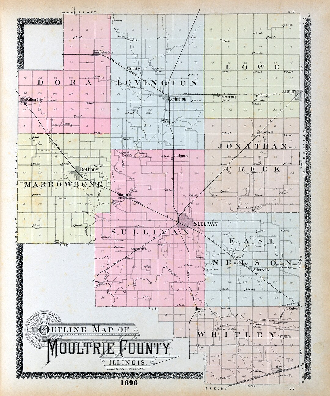 1896 Map of Moultrie County Illinois - Etsy