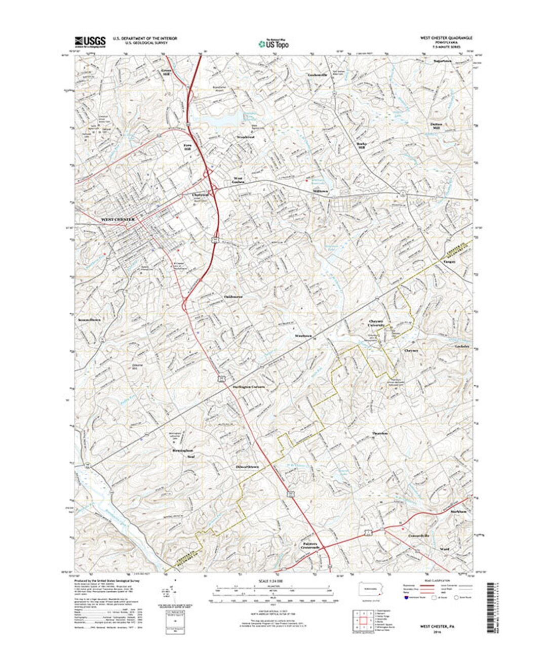 2016 Topo Map of West Chester Pennsylvania Quadrangle - Etsy