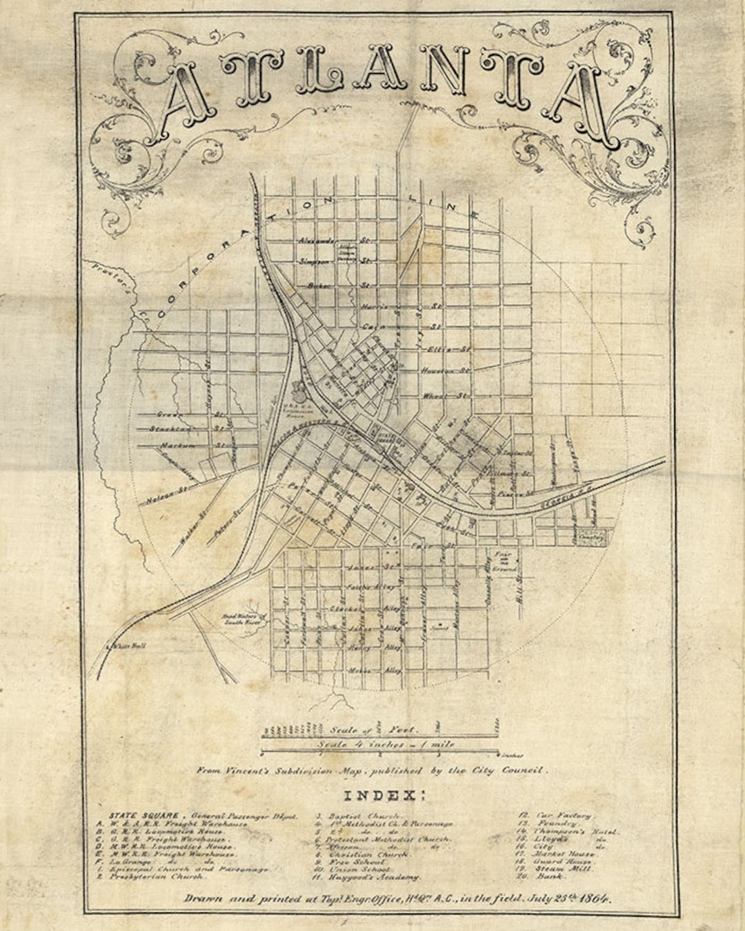 1864 Map of Atlanta Georgia - Etsy