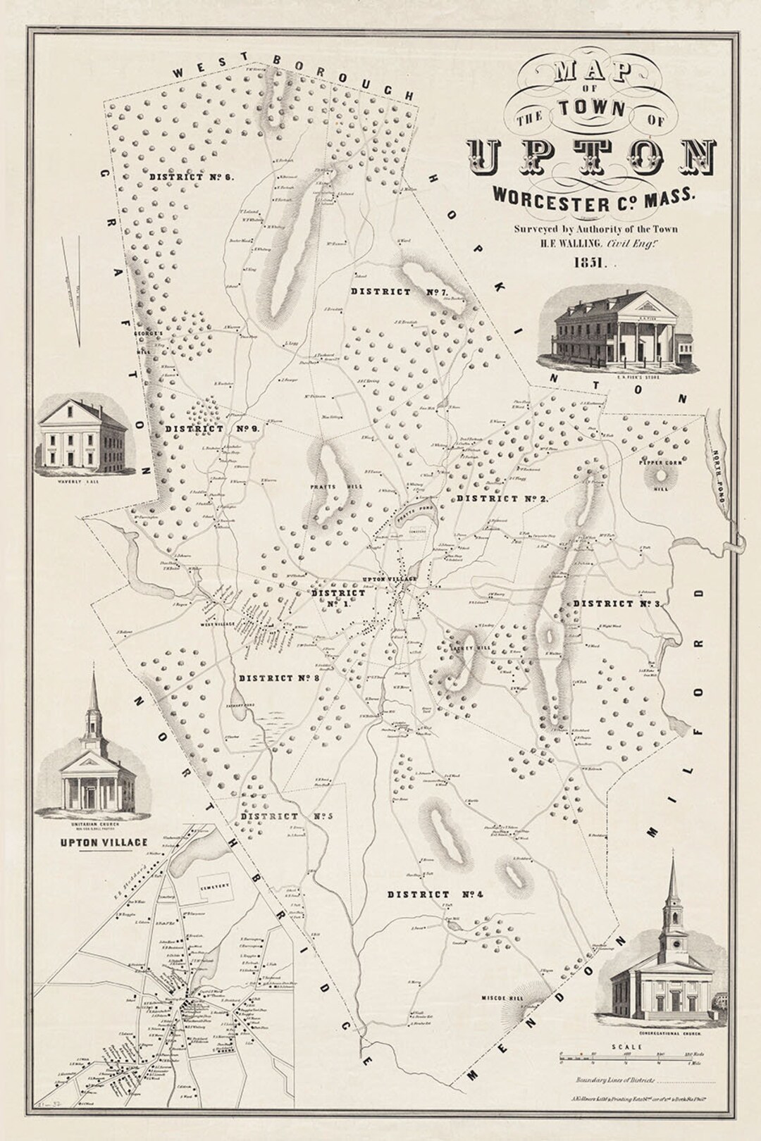 1851 Town Map of Upton Worcester County Massachusetts - Etsy UK