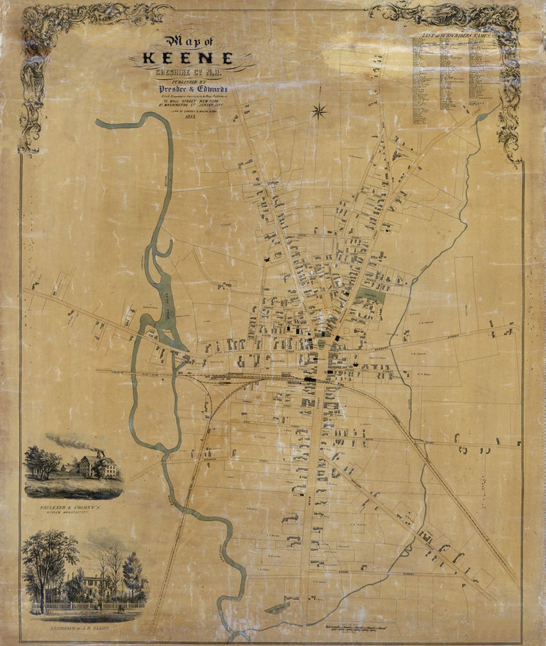 1853 Map of Keene Cheshire County New Hampshire - Etsy