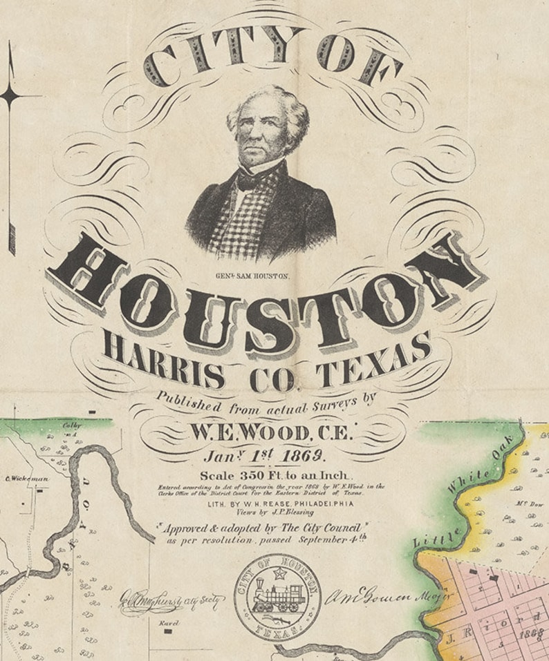 1869 Map of Houston Harris County Texas - Etsy