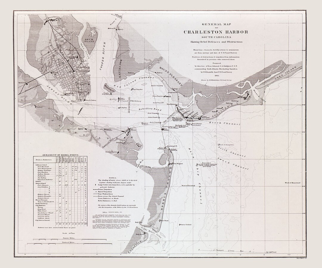 1865 Map of Charleston Harbor South Carolina - Etsy