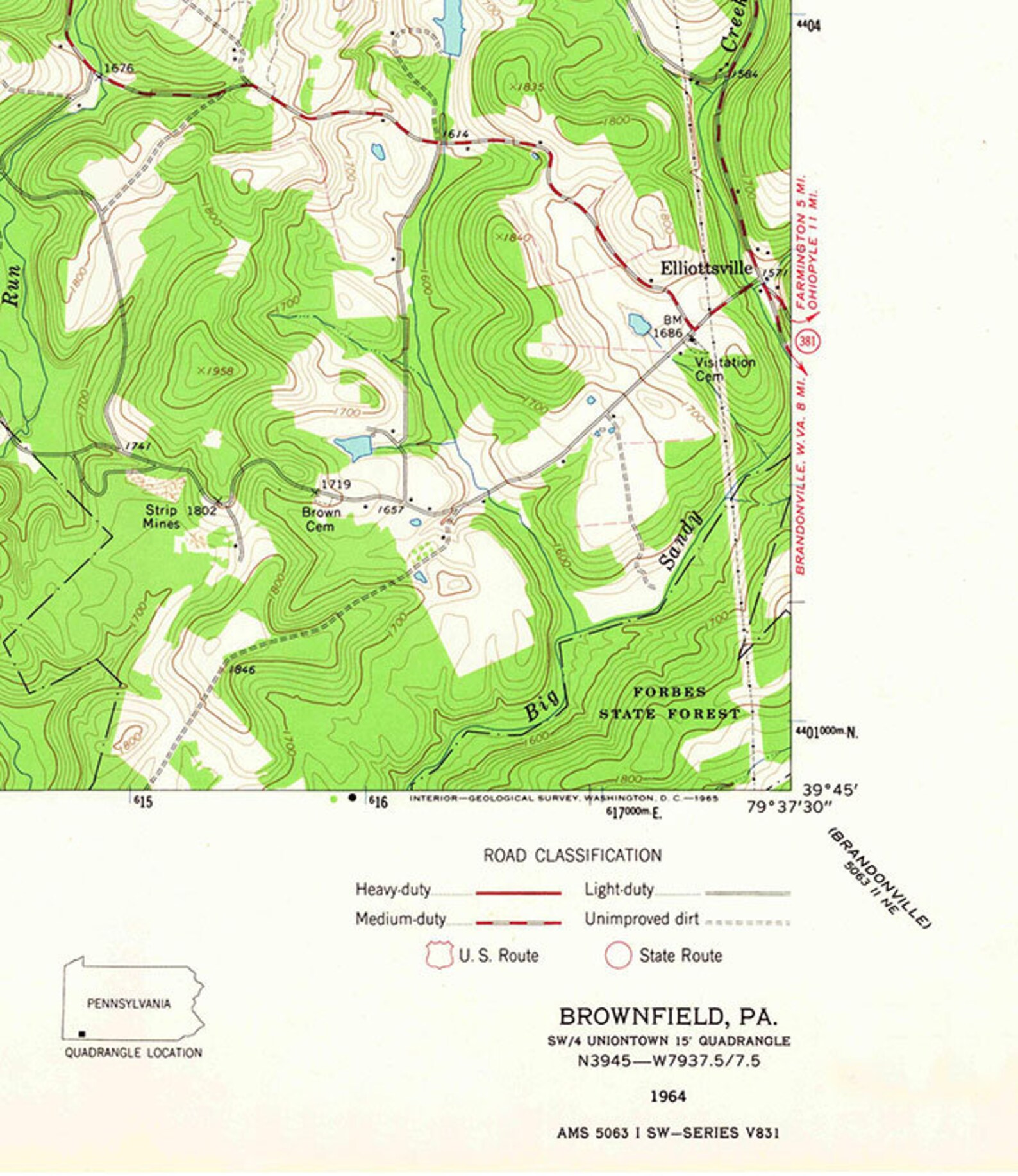 1964 Topo Map of Brownfield Pennsylvania Fayette County | Etsy