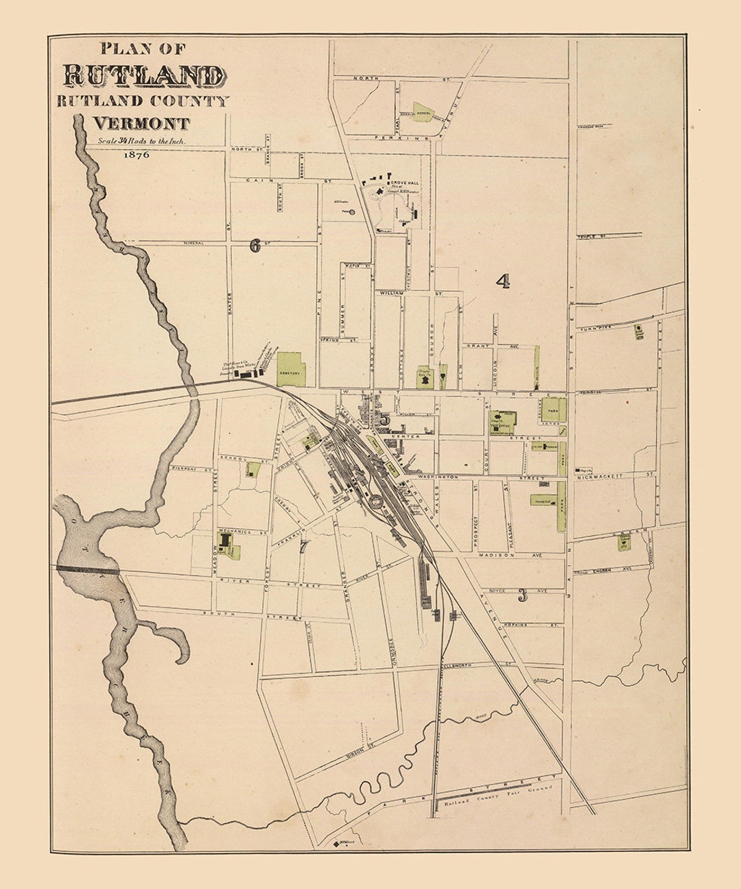 1876 Town Map of Rutland Vermont - Etsy