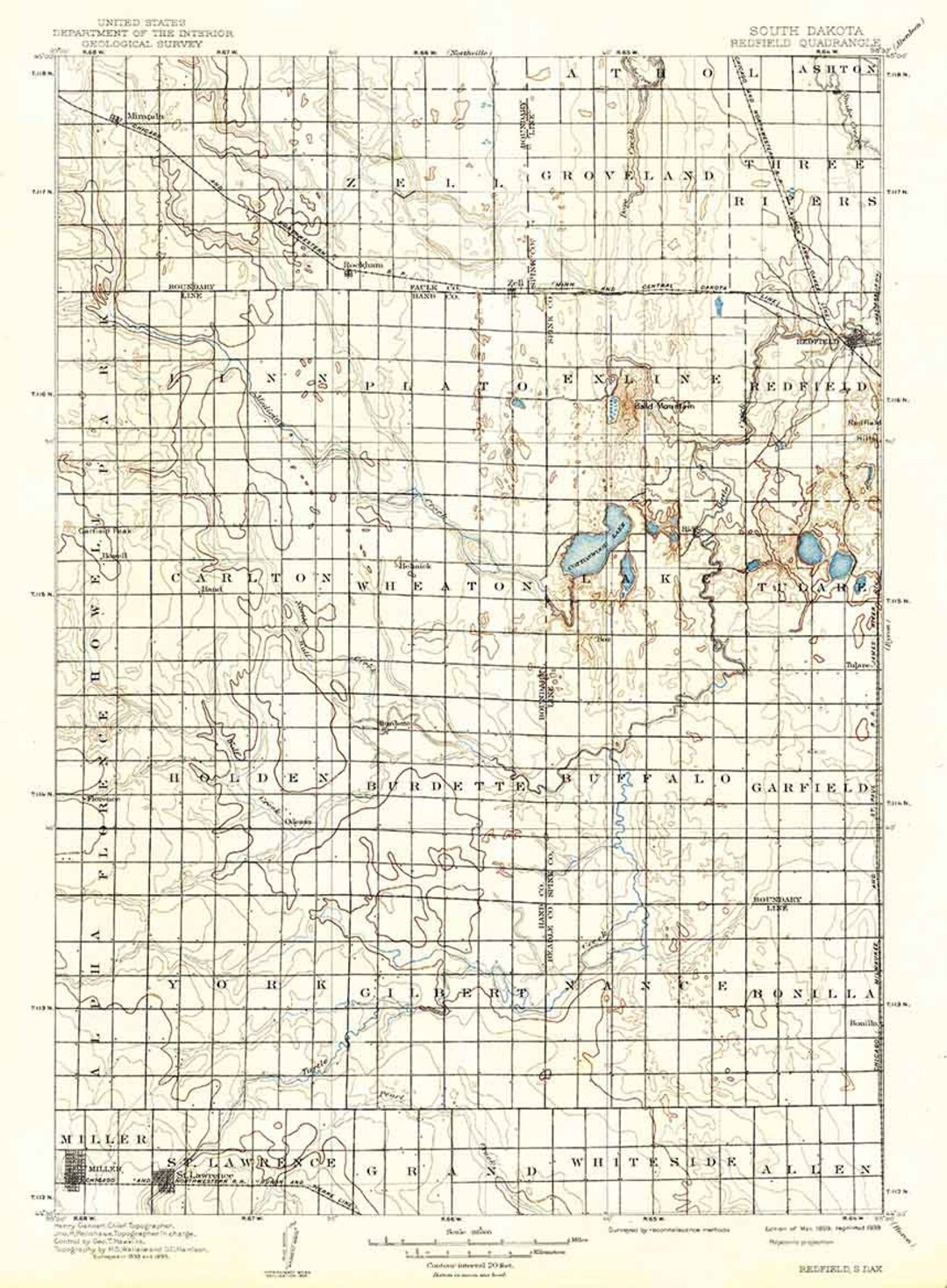 1899 Topo Map of Redfield South Dakota - Etsy
