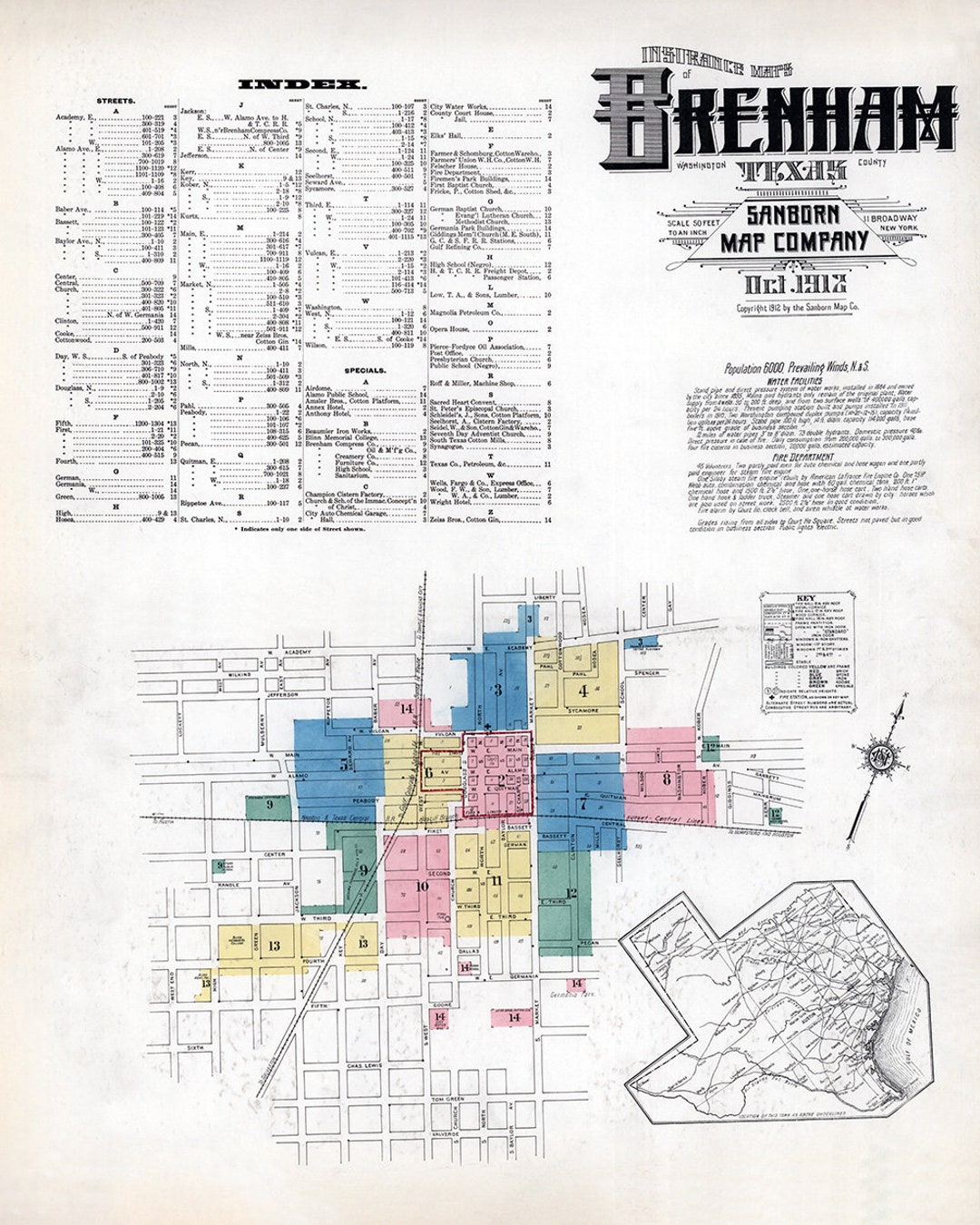 1912 Town Map of Brenham Washington County Texas - Etsy
