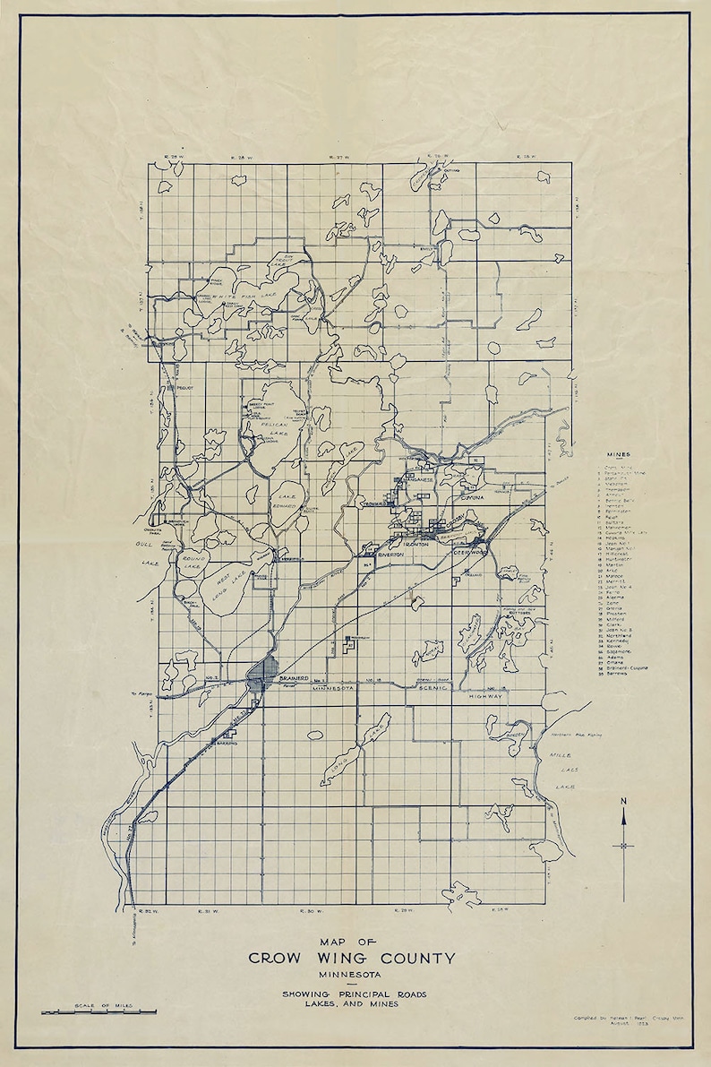 1923 Map of Crow Wing County Minnesota Showing Lakes and Mines - Etsy