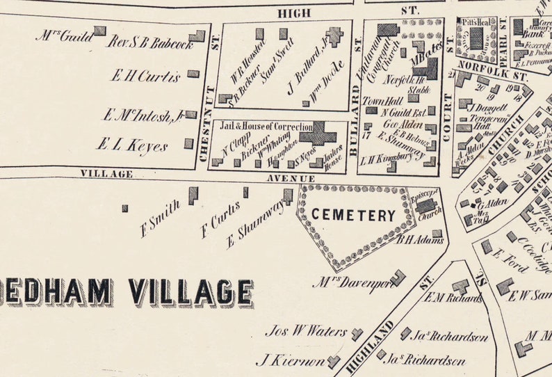 1851 Town Map Of Dedham Norfolk County Massachusetts Etsy
