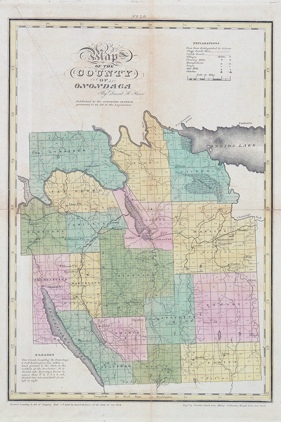 1829 Map of Onondaga County New York - Etsy