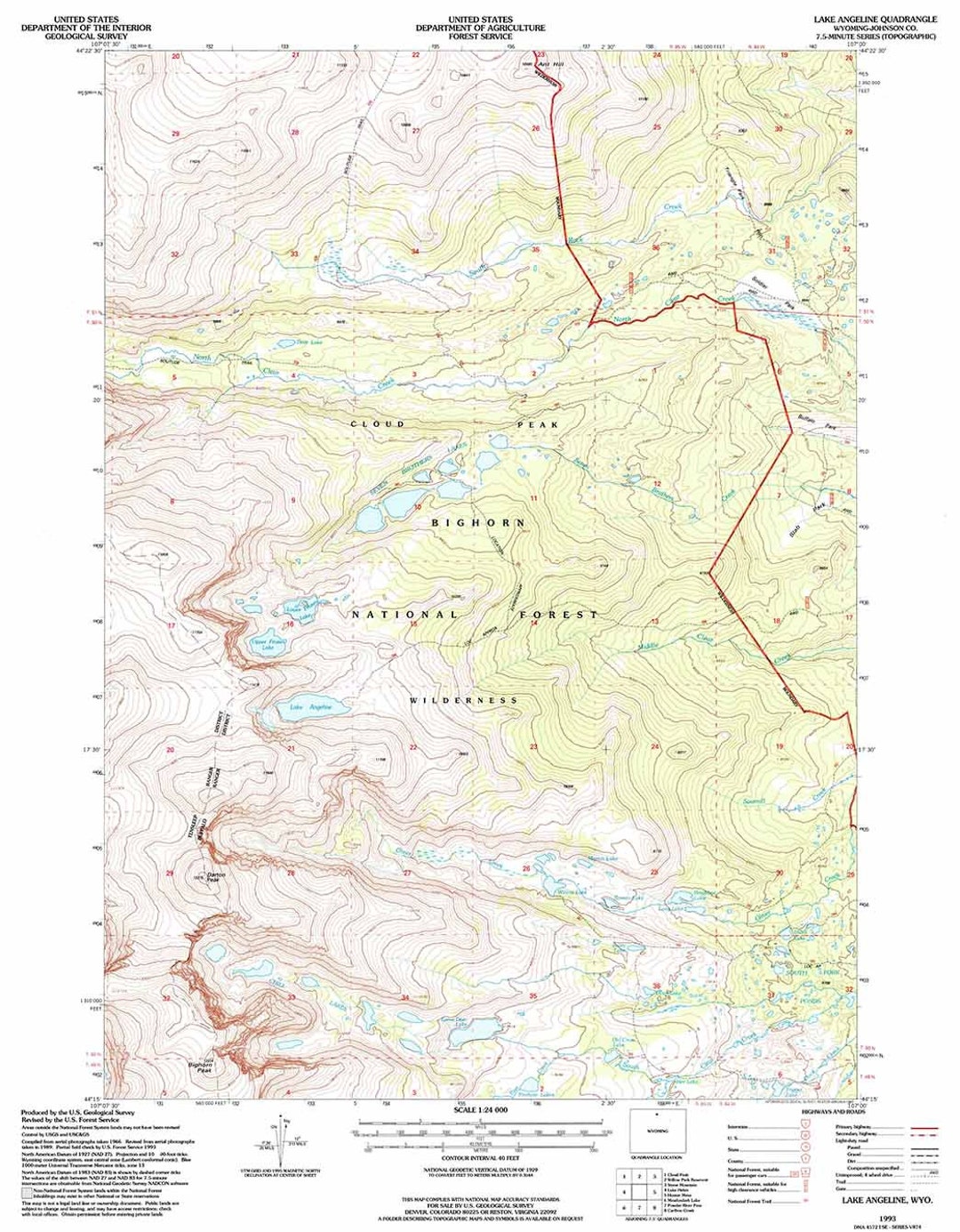 1993 Topo Map of Lake Angeline Wyoming WY Bighorn Forest - Etsy